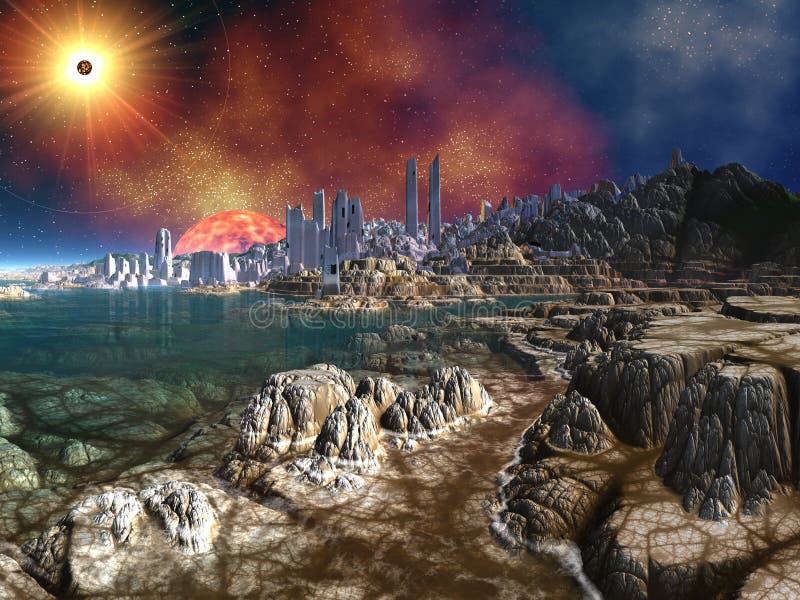 Alien City Ruins by Ocean Under Twin Suns Stock Illustration ...