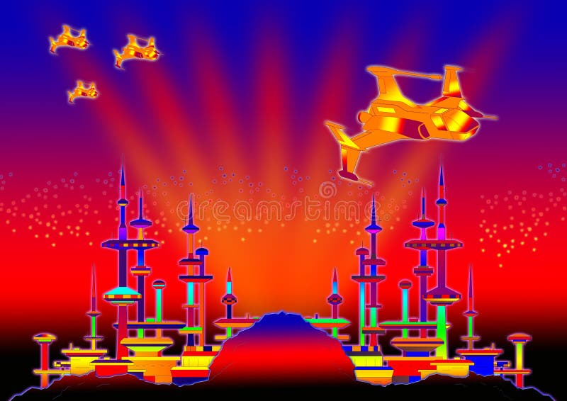 Alien city with ufo stock illustration. Illustration of visitors - 3175977