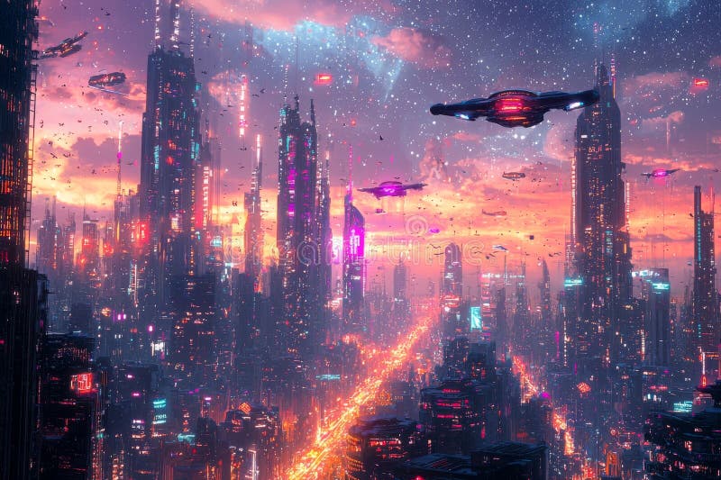 Alien Cityscape with Flying Ships. Stock Illustration - Illustration of ...