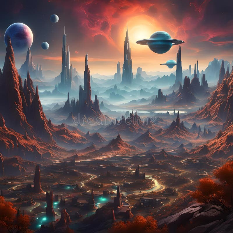 Alien Cityscape with Majestic Towers and Moons Stock Photo - Image of ...