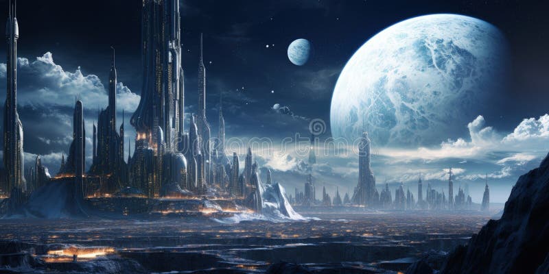 Alien Cityscape with Majestic Towers and Moons Stock Photo - Image of ...
