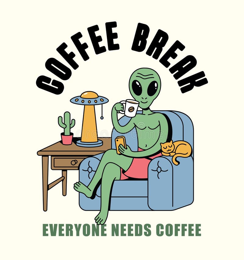 Alien Coffee Retro Cute Illustration Stock Vector - Illustration of ...