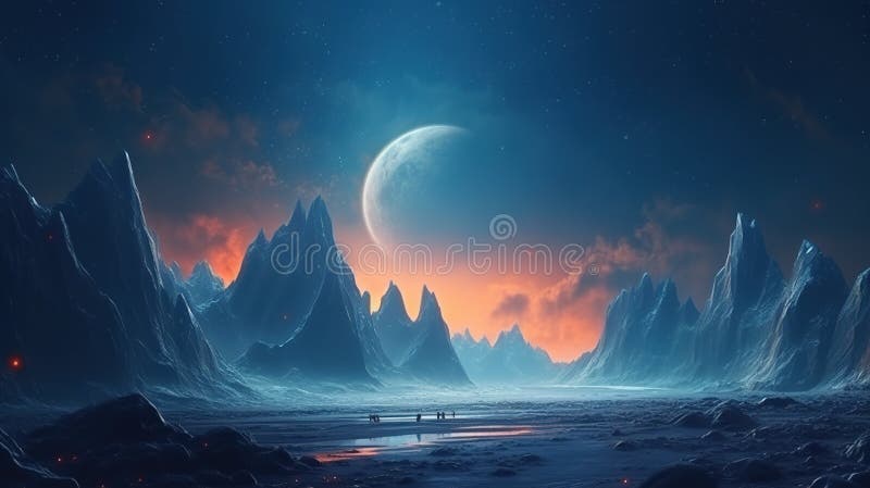 Alien Cold Planet with Mountain and Rocks. Sci Fi Landscape Stock ...