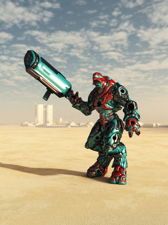 Alien Combat Droid in the Desert Stock Illustration - Illustration of ...