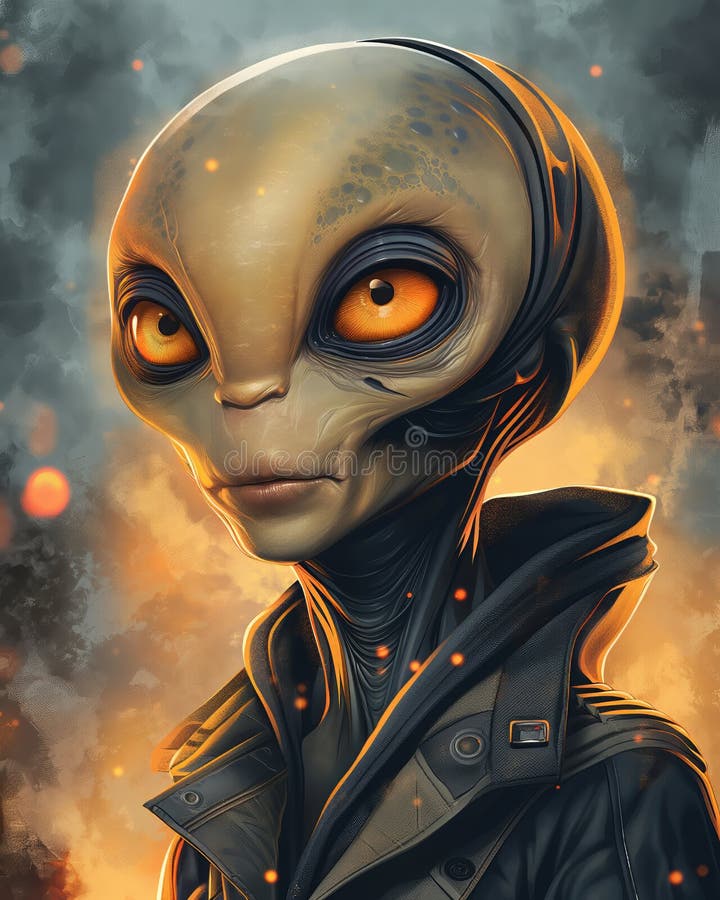 Alien in Jacket with Orange Eyes Generative AI Stock Photo - Image of ...