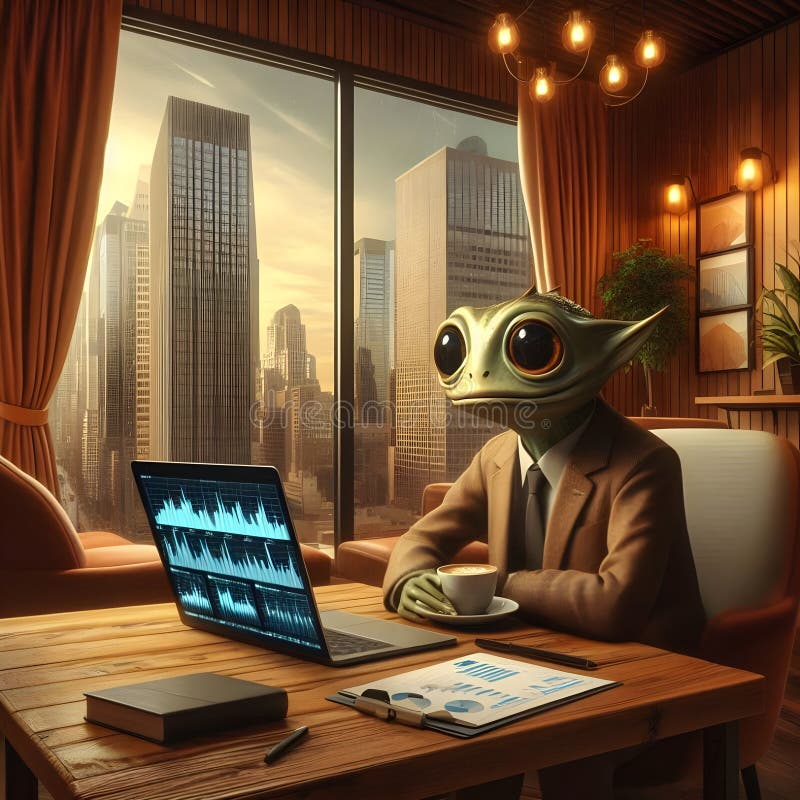 An Alien Creature Sitting in a Modern Room Stock Illustration ...