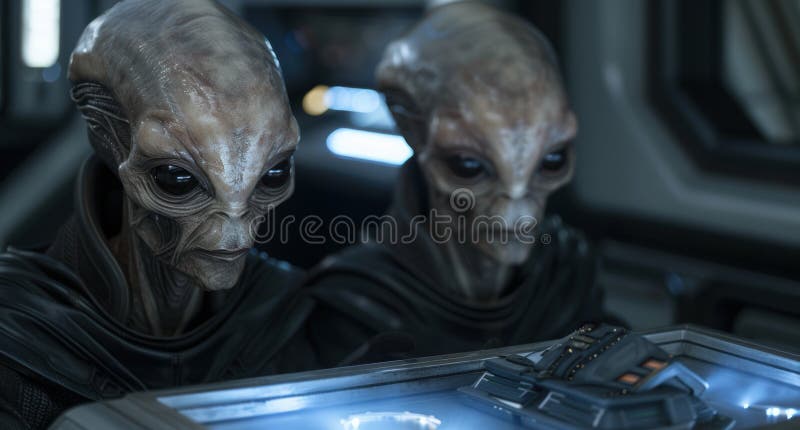 Alien Creatures Examining a Futuristic Device Stock Illustration ...