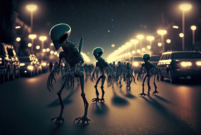 Alien Crowd on the Street. Monster Invaders in Sci-fi Scene. Generated ...