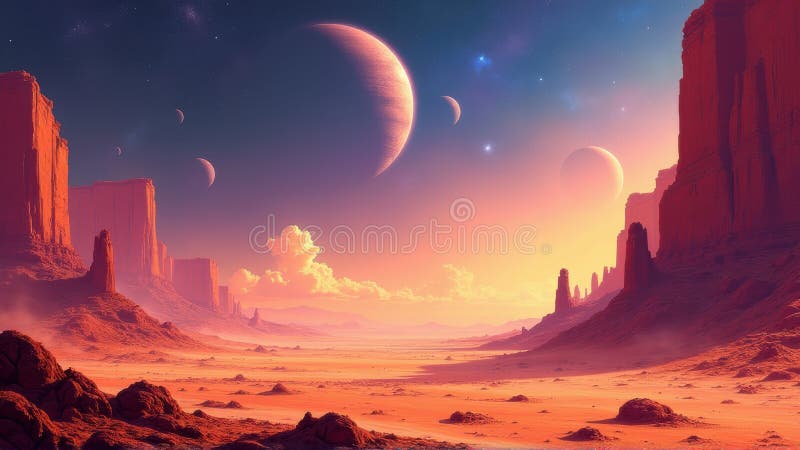 Alien Desert Landscape with Moons Stock Illustration - Illustration of ...