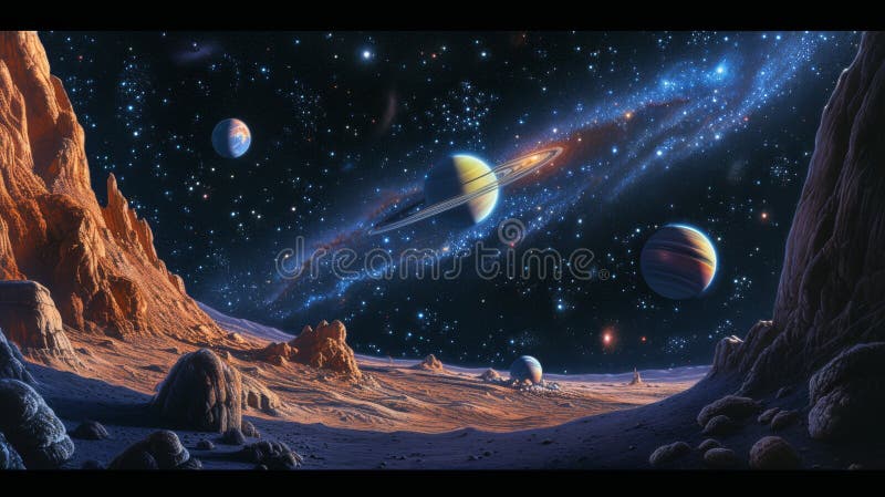 Alien Desert Landscape with Multiple Planets in Night Sky Stock Photo ...