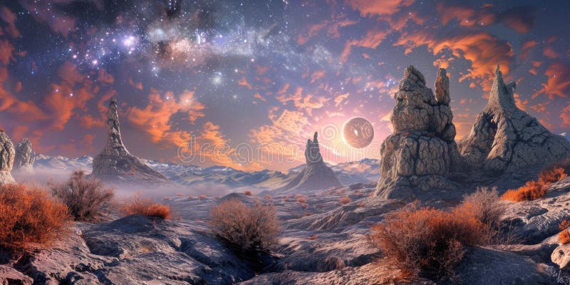 Alien Desert Landscape with Planetary Backdrop. Resplendent. Stock ...