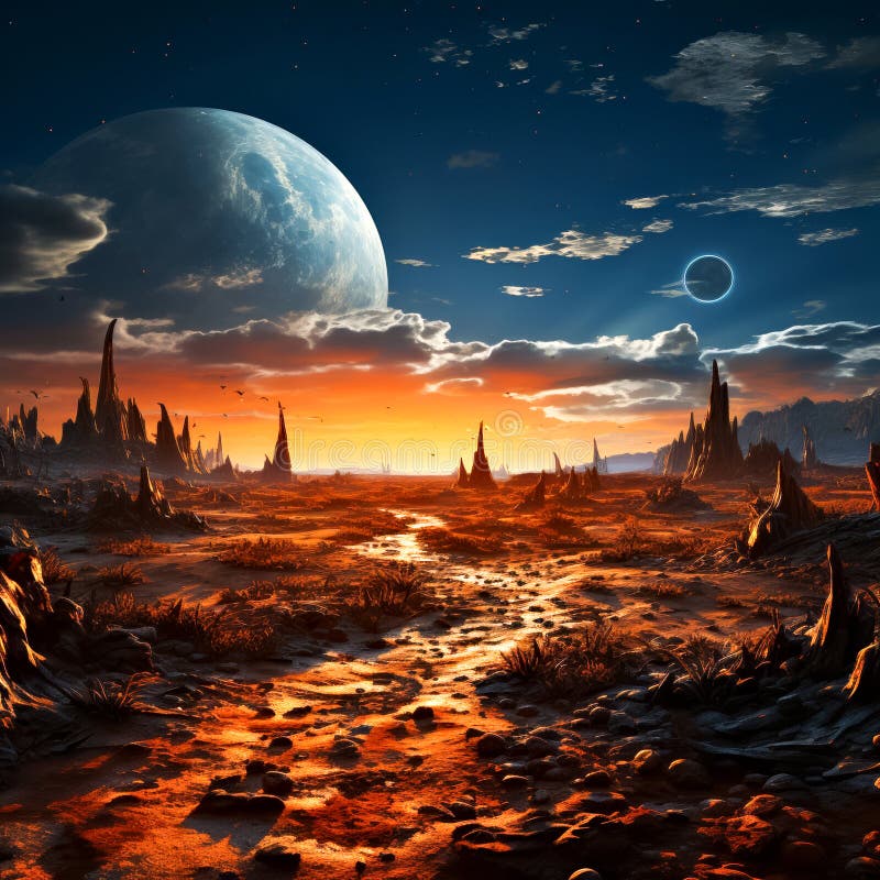 Alien Desert Landscape with Setting Sun and Planetary Skies Stock ...
