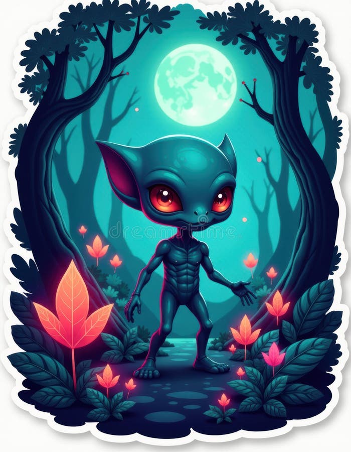 Alien in Enchanted Forest at Night Stock Illustration - Illustration of ...
