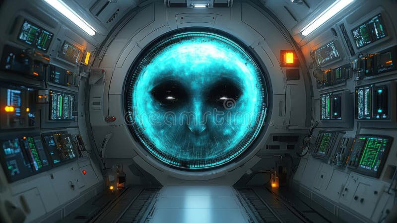 Alien Encounter: Digital Face in Spacecraft Stock Image - Image of ...