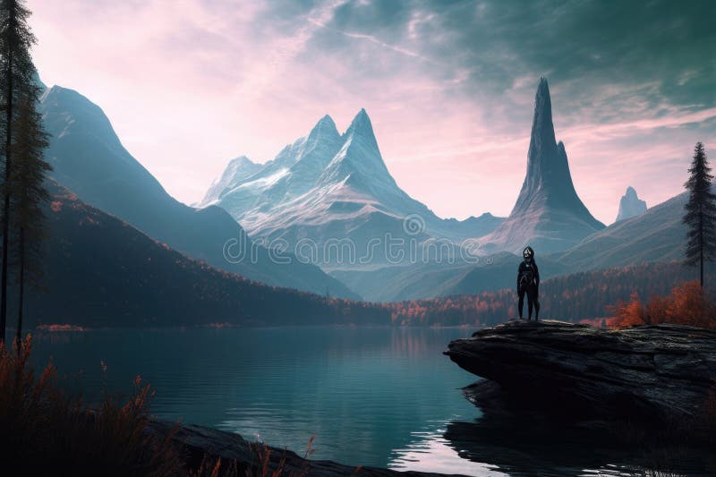 Alien Enjoying the View of a Majestic Mountain Range, with the Peaks ...