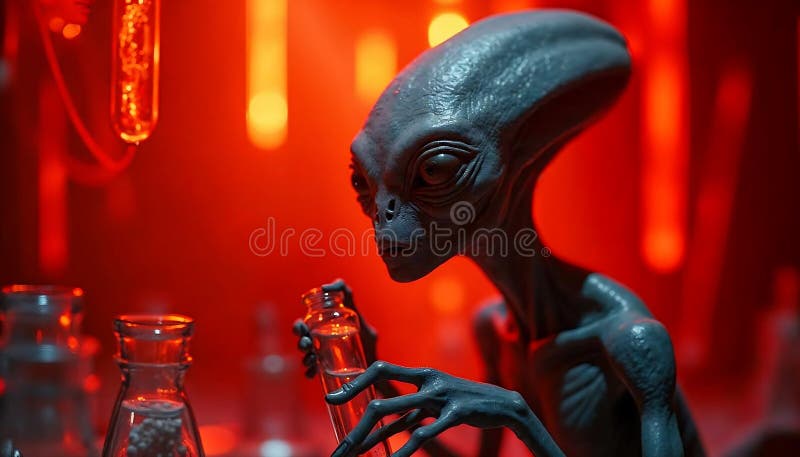 Alien Examining Sample in Red Lit Lab Stock Illustration - Illustration ...