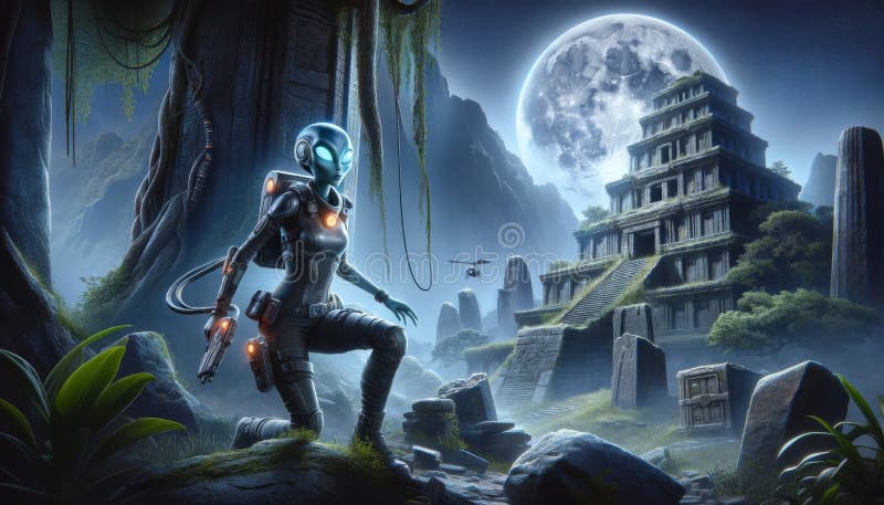 Alien Explorer Discovers Ancient Earth Ruins Under Moonlight Stock ...