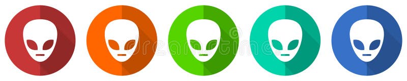 Alien Face Icon Set, Red, Blue, Green and Orange Flat Design Web ...