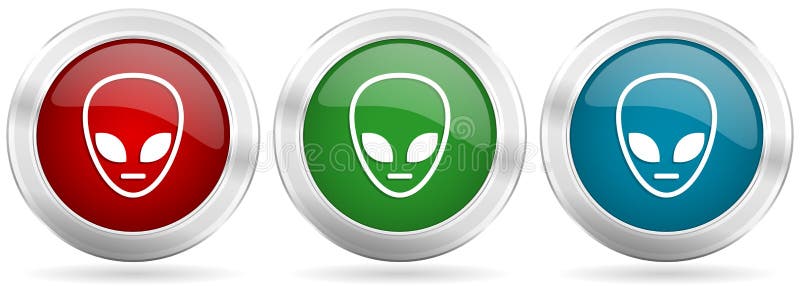 Alien Face Vector Icon Set. Red, Blue and Green Silver Metallic Web ...