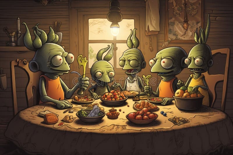 Alien Family of Four, Sitting Down for Quiet Dinner Together Stock ...