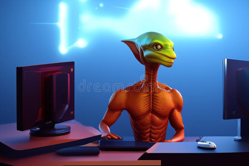 An Extraterrestrial Figure Sits in Front of a Desktop Computer ...