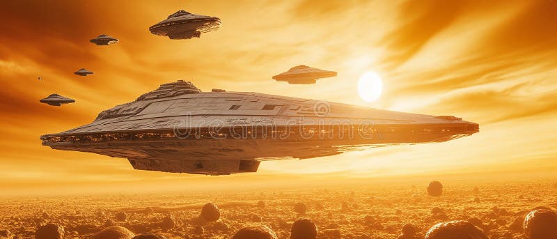 Fleet of Alien Ships Escorting a Colossal Spacecraft Stock Photo ...