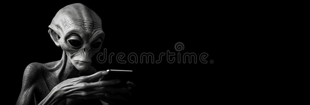 Alien Using Smartphone on Black Background Banner Stock Illustration ...