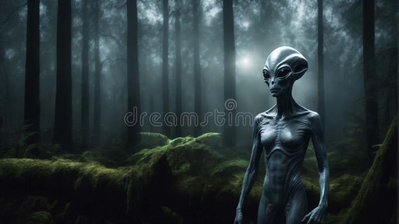 Alien in Forest. Gray Ufo Area 51 Illustration in High Resolution Stock ...