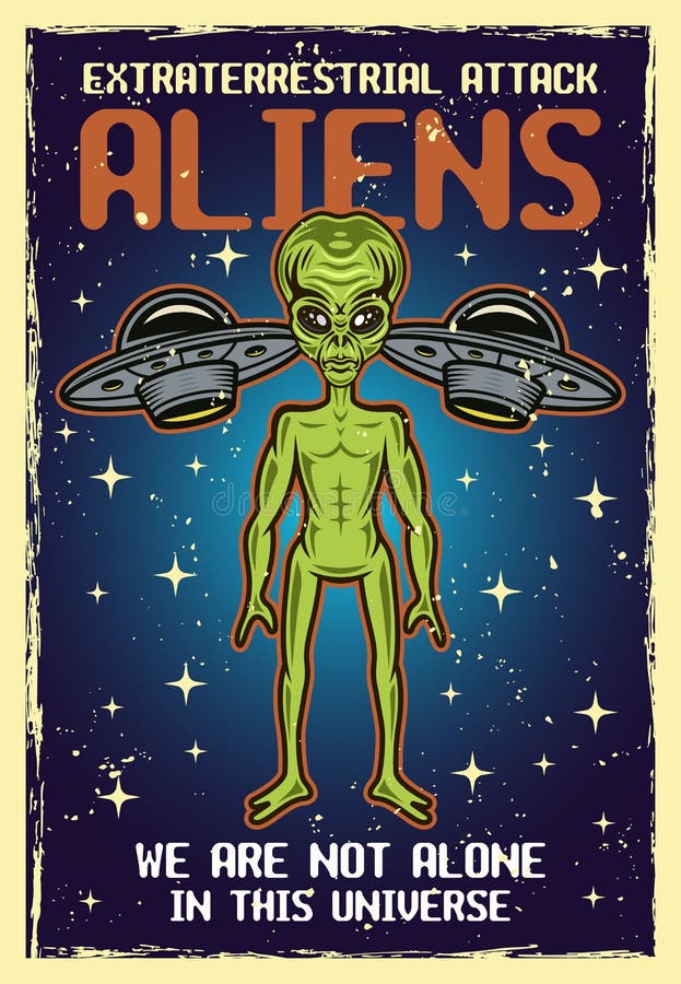 Alien Full Body and Ufo Colored Vector Cartoon Decorative Poster with ...