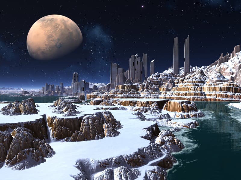 Alien Ghost City by Moonlight in Winter Stock Illustration ...