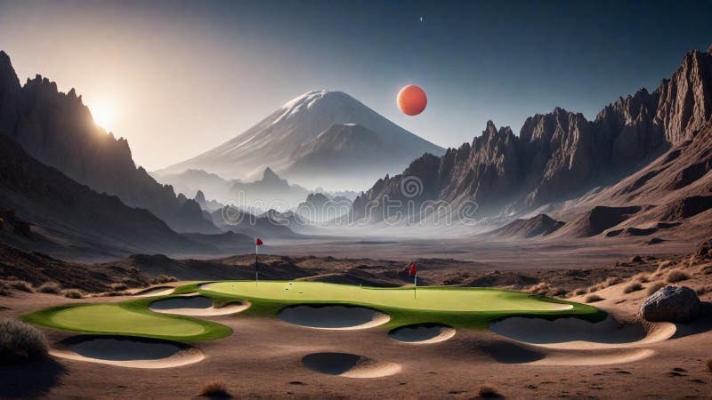 Alien Golf Course Under a Red Sun in a Mountainous Desert Stock ...