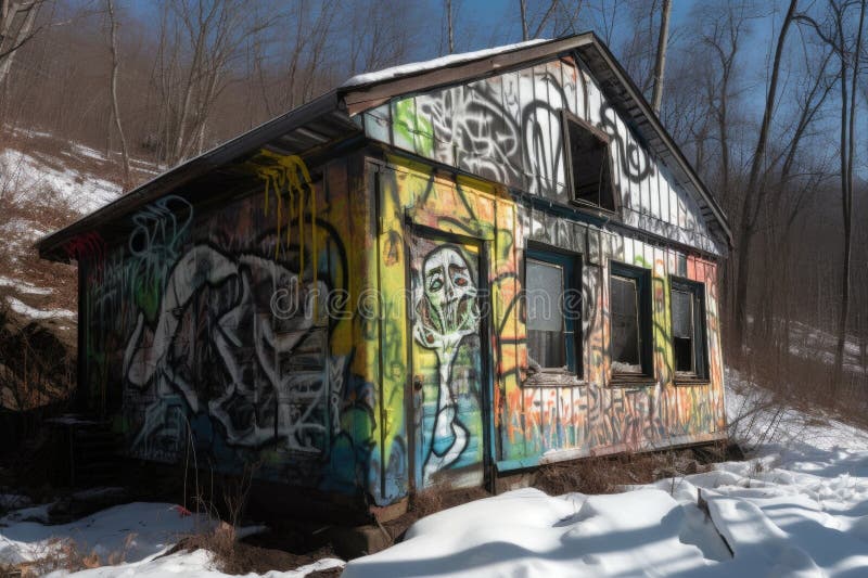 Alien Graffiti on Abandoned Building, with Broken Windows and Peeling ...