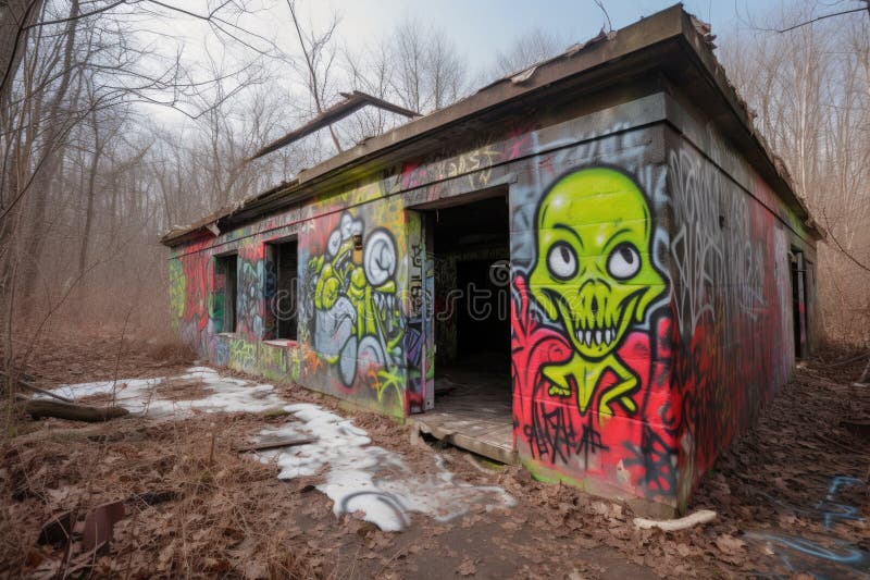 Alien Graffiti Artist Using Spray Paint To Decorate Abandoned Building ...