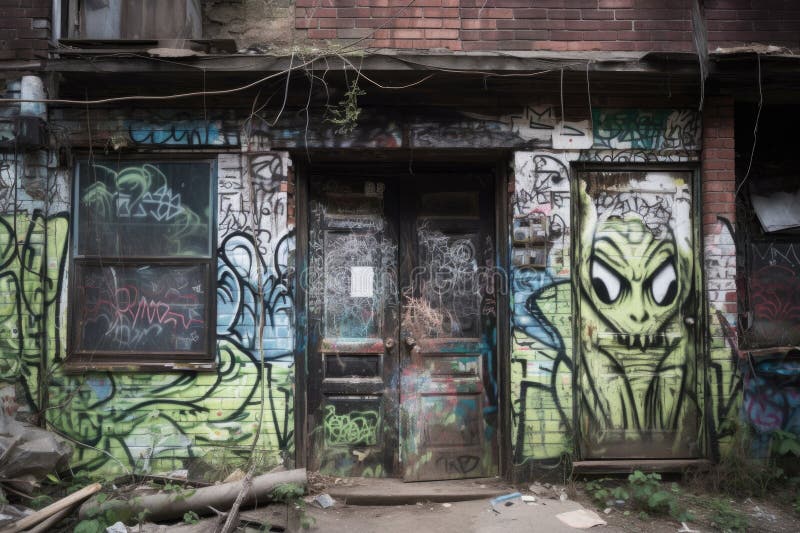 Alien Graffiti Mural on Abandoned Building, with Broken Windows and ...