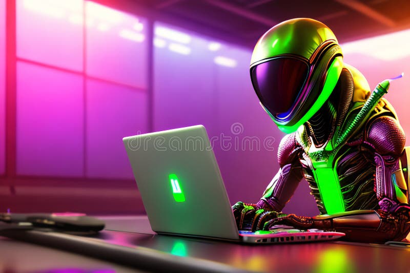 Alien Hacker in a Dream-like Setting Typing on Laptop Stock ...