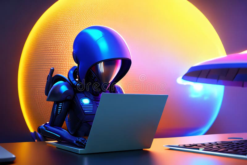 Alien Hacker with Laptop in a Mysterious Environment Stock Illustration ...