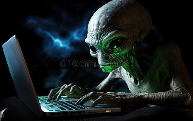 Alien Hacker at a Laptop Cracking a Digital Code. Cyber Attacks ...