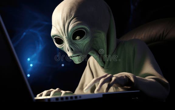 Alien Hacker at a Laptop Cracking a Digital Code. Cyber Attacks ...