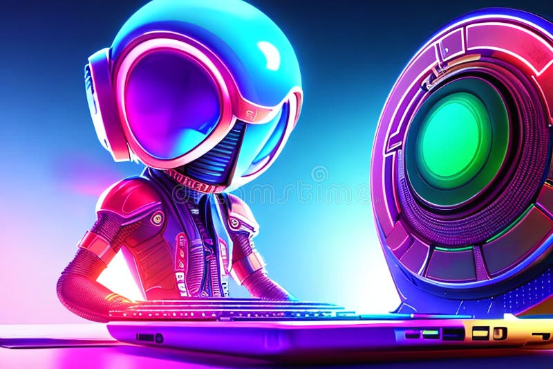Alien Hacker with Laptop in a Mysterious Environment Stock Illustration ...