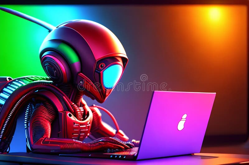 Alien Hacker in a Surreal Landscape with Laptop Stock Illustration ...