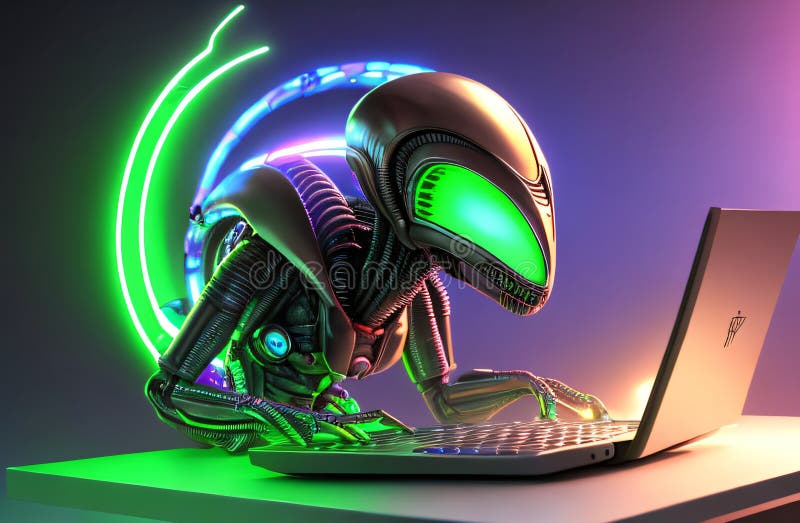 Futuristic Extraterrestrial Hacker Working with Laptop Stock ...