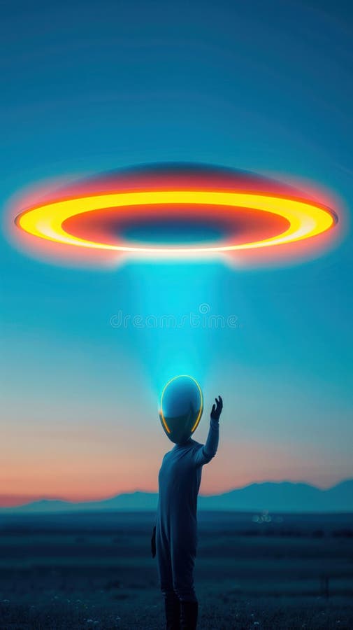 Alien Hand Up UFO Yellow Neon Blue Stock Image - Image of vibrant ...