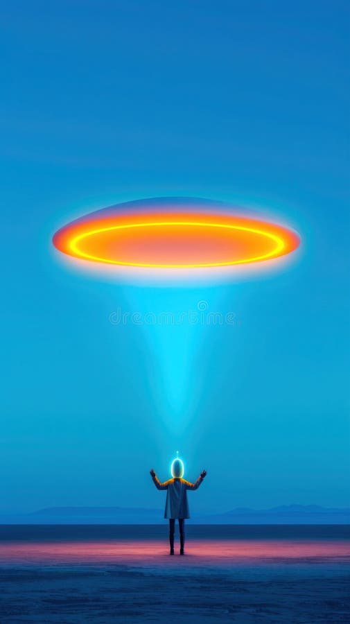 Alien Hand Up UFO Yellow Neon Blue Stock Image - Image of otherworldly ...