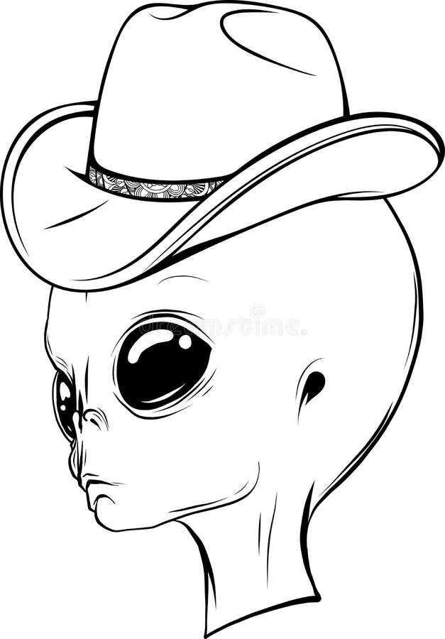 Draw in Black and White of Alien Head with Hat Vector Illustration ...