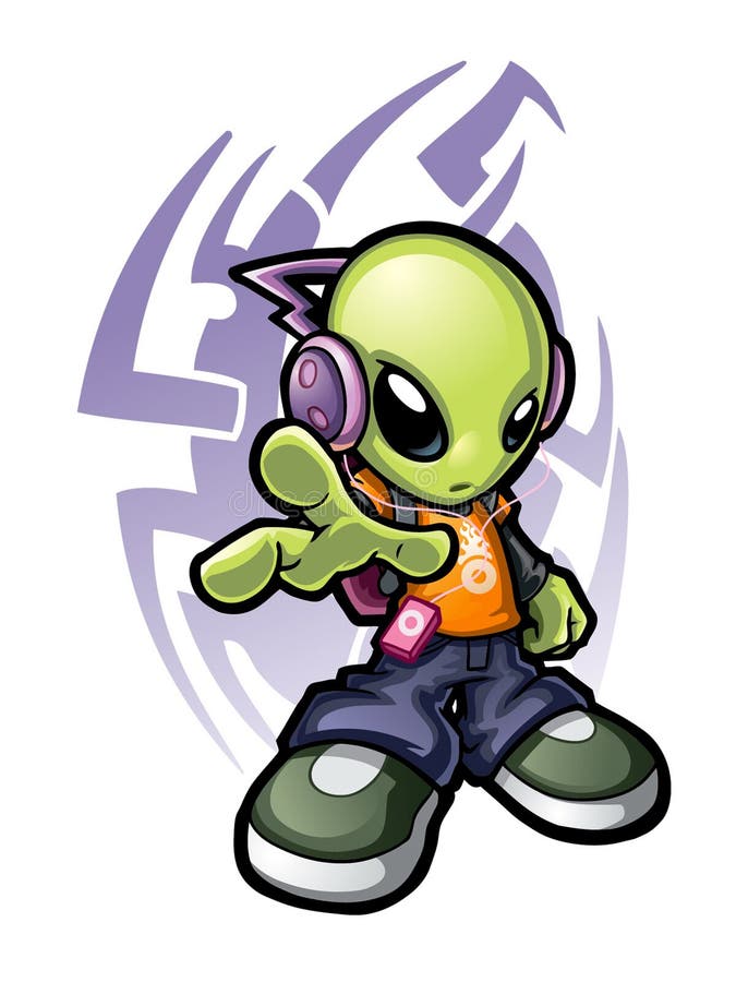 Alien in headphones stock illustration. Illustration of background ...