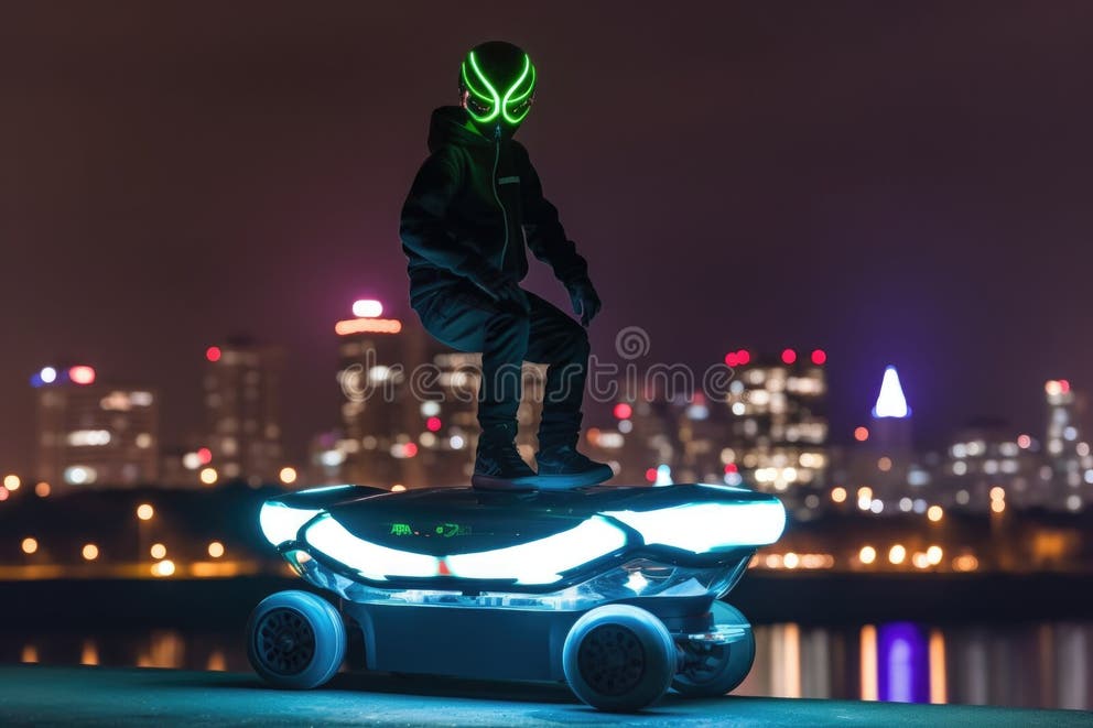 Alien on Hoverboard, with the Lights of the City in the Background ...