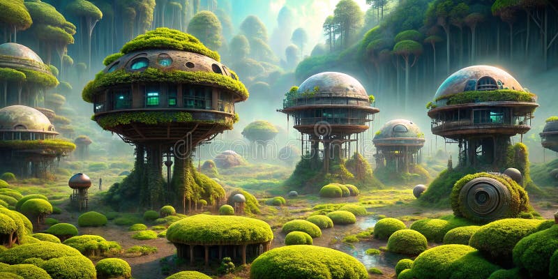 Alien Inspired Robotic Ecosystem Intricate Moss Covered Modules in an ...