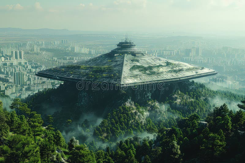 Alien Invasion. a Triangular Alien Ship Has Landed on Top of a Forested ...