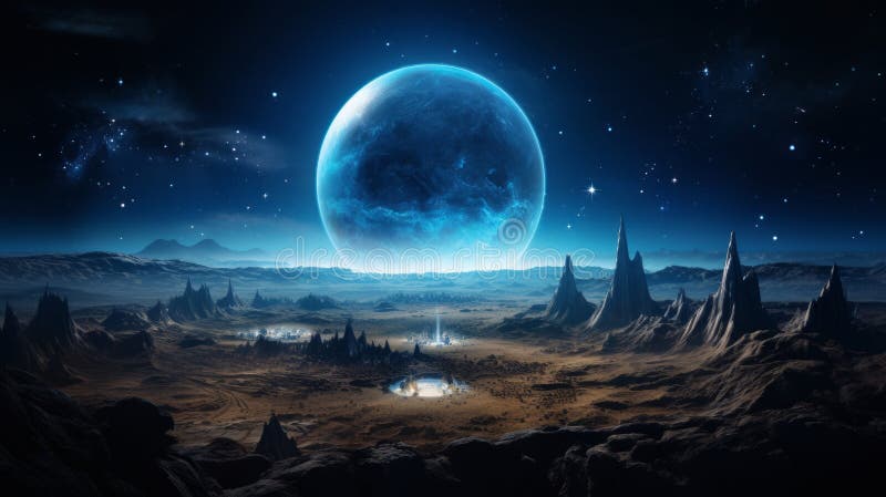 Alien Landscape with Blue Moon Stock Photo - Image of moon, stars ...