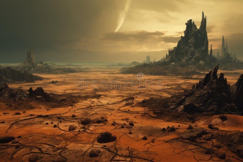 Alien Landscape with Dramatic Skyline and Distant Planet Stock ...